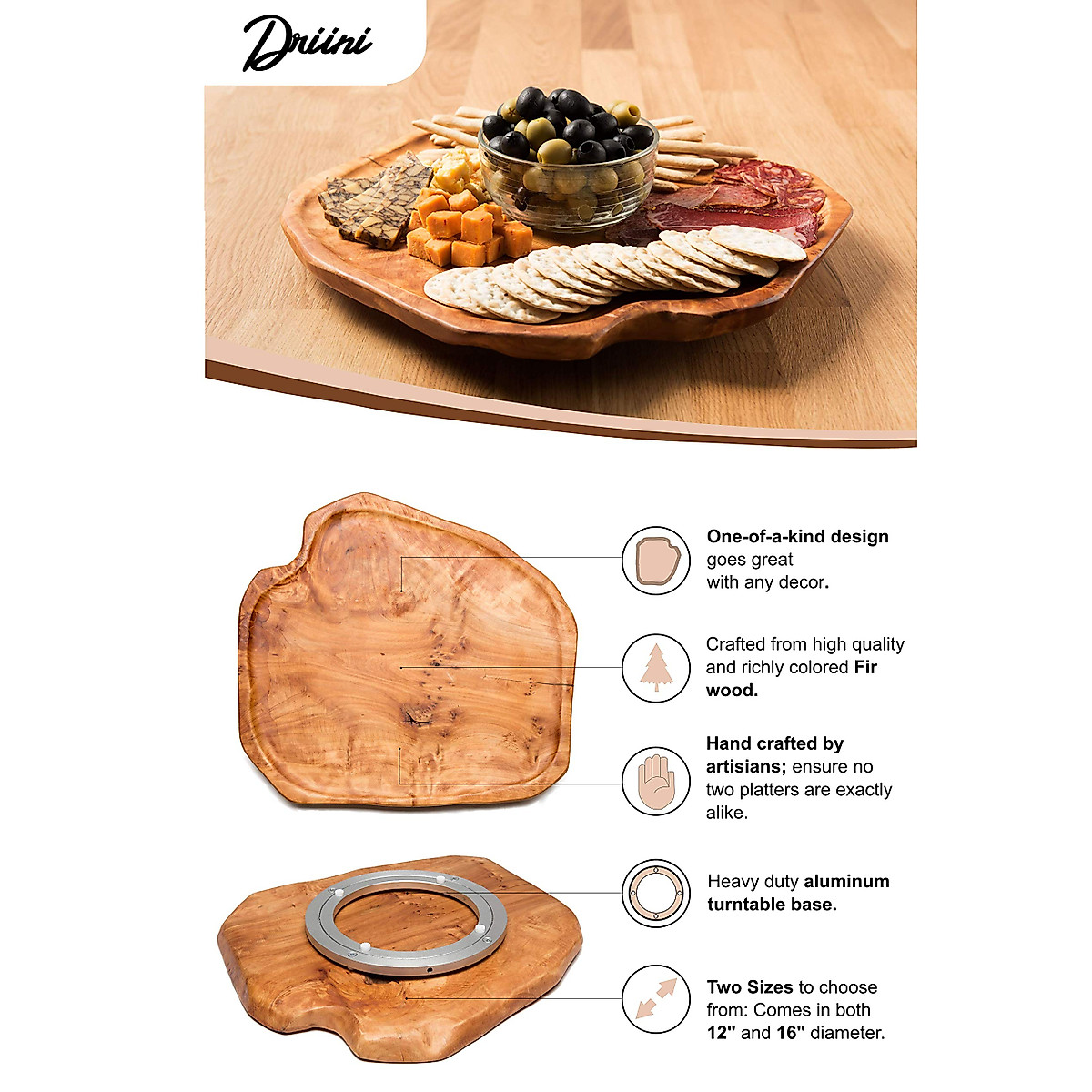 Driini Premium Handmade Root Wood Lazy Susan Turntable (16'') - Large Rustic Wooden Serving Platter Cheese Board - Oversized Charcuterie Tray, Perfect for Your Dinner Table or Countertop