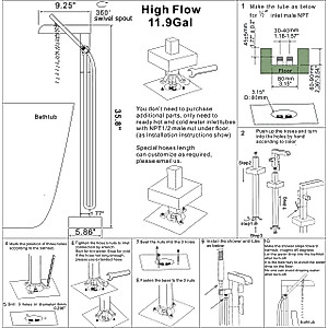 LLGG Freestanding Bathtub Faucet Tub Filler Brushed Gold Waterfall High Flow Rate 11.9GAL Floor Mounted Bathroom Mount Faucets with Hand Shower LLGG