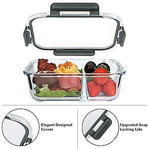 M MCIRCO [5-Pack,36 Oz] Glass Meal Prep Containers 2 Compartments Portion Control with Upgraded Snap Locking Lids Glass Food Storage Containers, Microwave, Oven, Freezer and Dishwasher (4.5 Cups)
