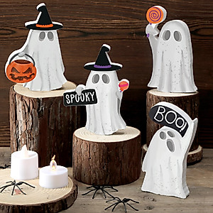 Thyle 4 Pieces Halloween Tiered Tray Decor Halloween White Ghosts Wooden Signs Wood Cute Ghost Figurine Farmhouse Boo Spooky Table Sign for Kitchen Decoration Home Table Centerpiece Party Supplies