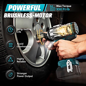 Cordless Impact Wrench 1/2 inch for Makita Battery, 900FT-LBS (1200N.m) Brushless Electric Impact Gun Includes LED Work Light, Bare Tool Only (950Ft-lbs Wrench Bare Tool)