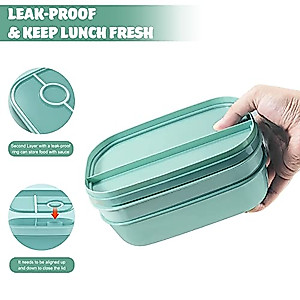Landmore Bento Box Adult Lunch Box, 3 Stackable Bento Lunch Containers for Adults/Kids, 3 Layers All-in-One Bento Box with Utensil Set, Leak-Proof Bento Box for Dining Out, Work, Picnic, School Green