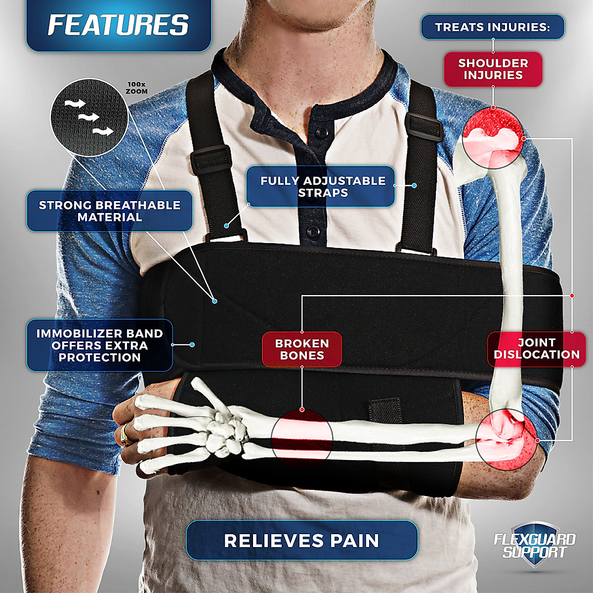 FlexGuard Support - Lightweight Arm Sling, Shoulder Immobilizer for Pain Relief