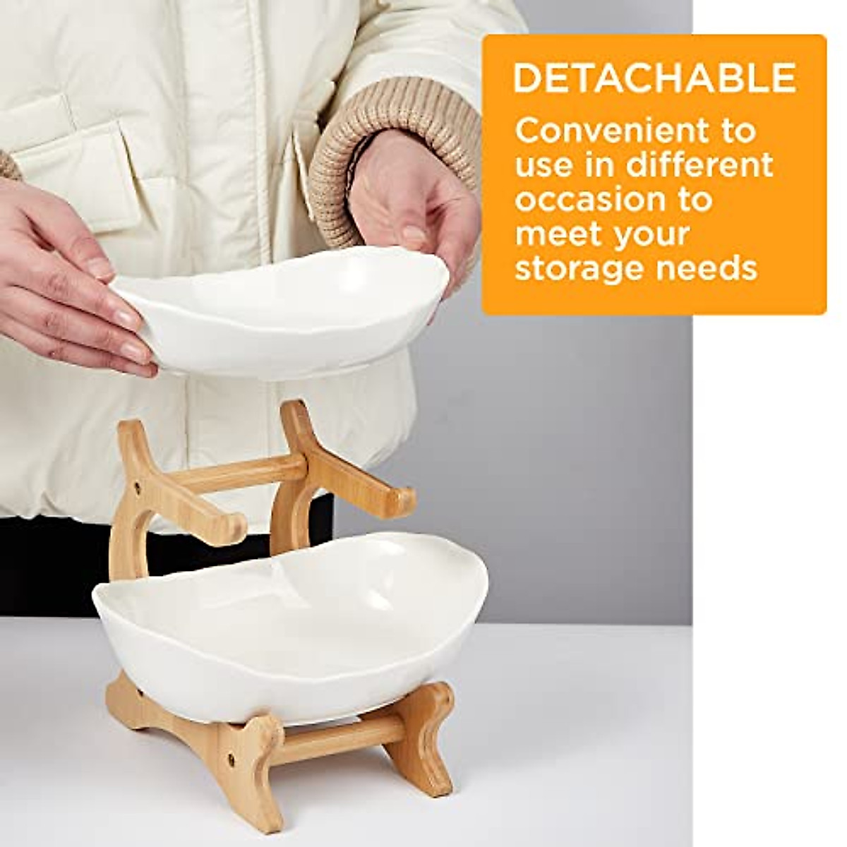 ERFEI Fruit Bowl Oval Ceramic Bowls with Wood Rack Tied Serving Tray Food Display Stand Bowl for Kitchen Counter, Home, Parties (2 tier)