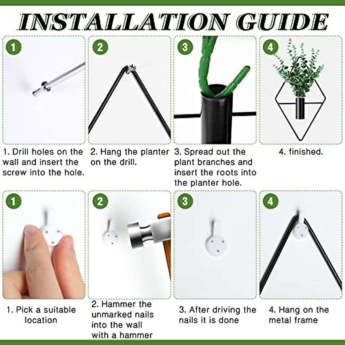 Jexine 2 Pcs Hanging Planters with Artificial Plants Metal Hanging Vase Indoor Plants Holder Modern Geometric Wall Decor for Living Room Home Office (Black, Eucalyptus)