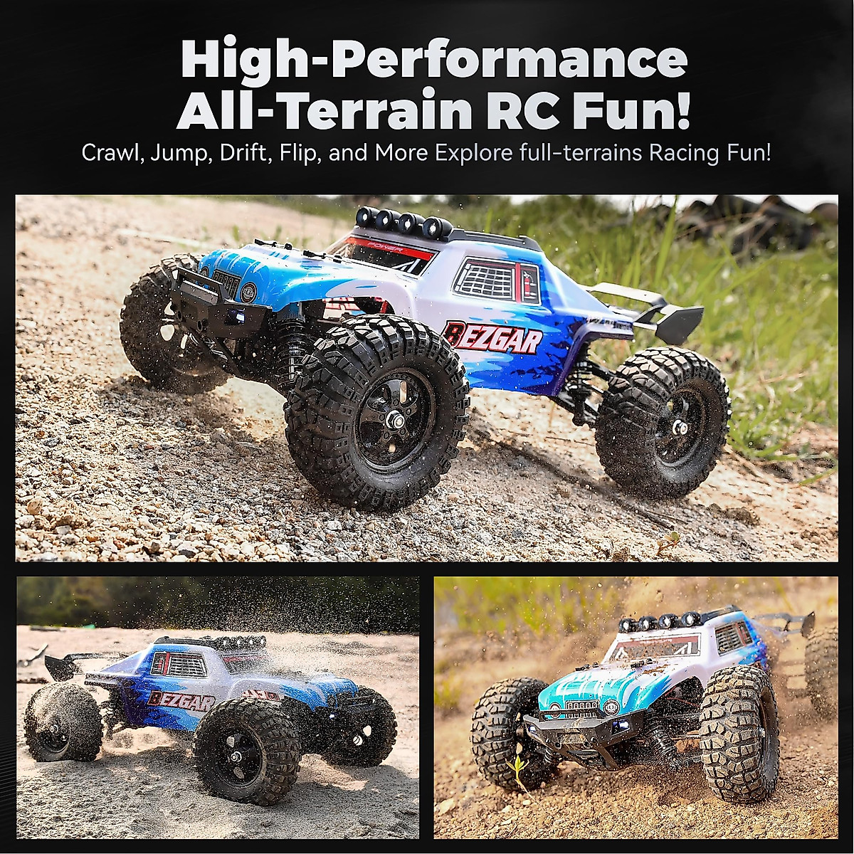 BEZGAR HM124 Brushless RC Car - 1:12 Scale 52+KM/H High Speed RC Truck, 4x4 Offroad Waterproof for All Terrains, Hobby Grade Remote Control Truck for Adults and Kids Boys with Rechargeable Battery