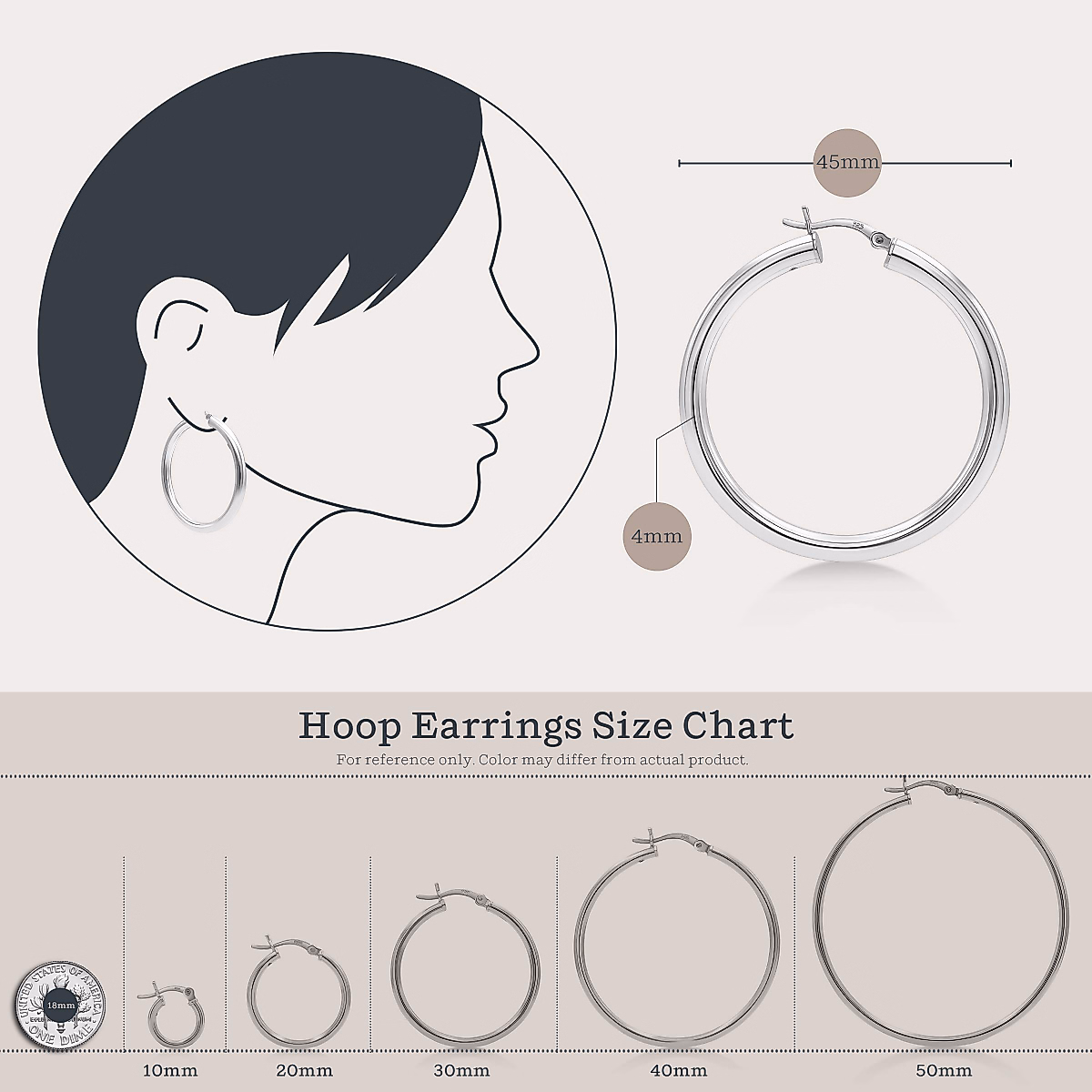 KEZEF Sterling Silver Hoop Earrings for Women, Girls and Men | 4mm High Polished Lightweight Silver Hoops | 45mm Diameter | Chunky Hoop Earrings
