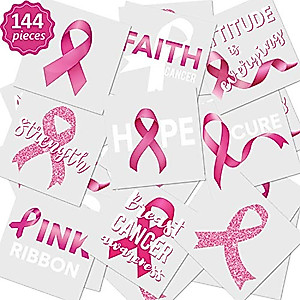 Zonon 144 Pieces Breast Cancer Awareness Tattoos Pink and White Ribbon Tattoos Waterproof Temporary Stickers Decoration Supplies for Party Fundraising Event, 9 Styles