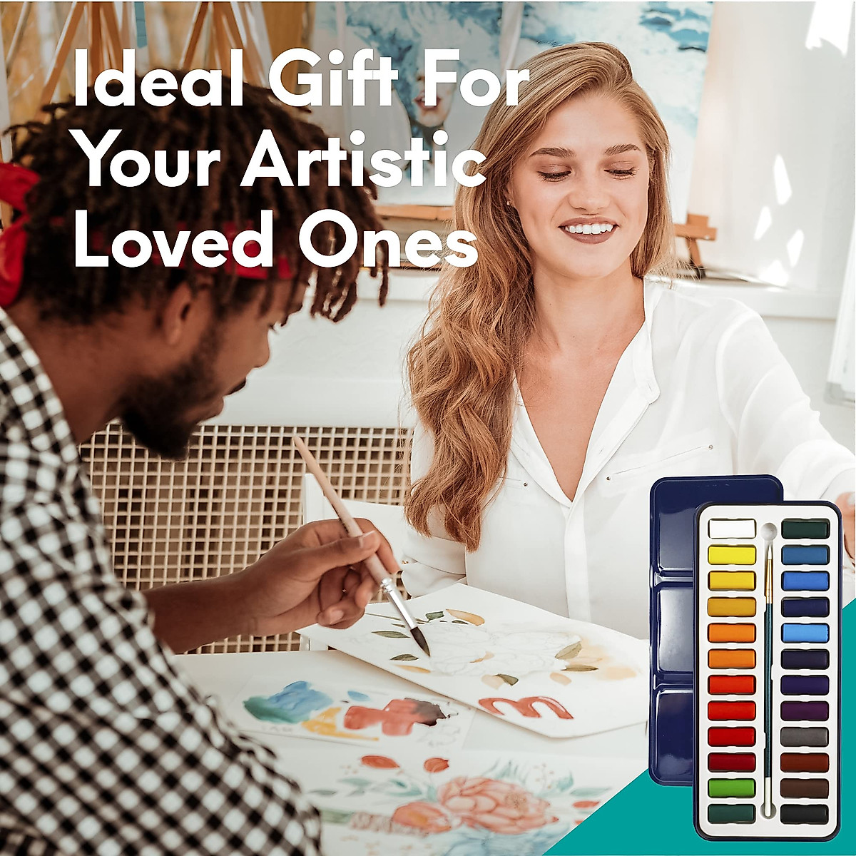 MozArt Supplies Watercolor Paint Essential Set - 24 Vibrant Colors - Lightweight and Portable - Perfect for Budding Hobbyists and Professional Artists - Paintbrush Included