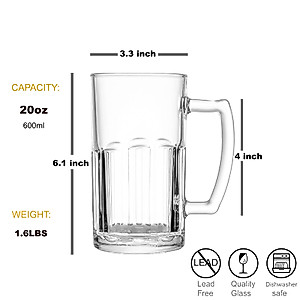 COKTIK 4 Pack Heavy Large Beer Glasses with Handle - 20 Ounce Glass Steins, Classic Beer Mug glasses Set