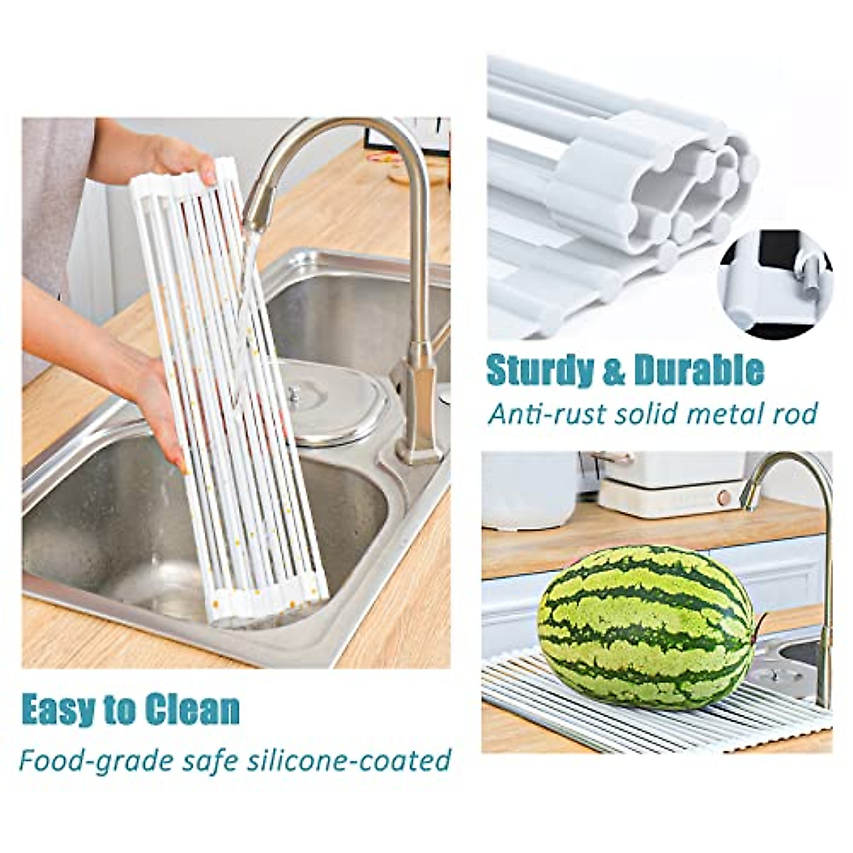 ZOIMINU Dish Drainer, White Roll Up Dish Drying Rack, Over Sink Drying Rack with Silicone-Coated, Heat-Resistant Anti-Slip Dry Rack for Dishes Cups Fruits Vegetables - 17" x 13.1"