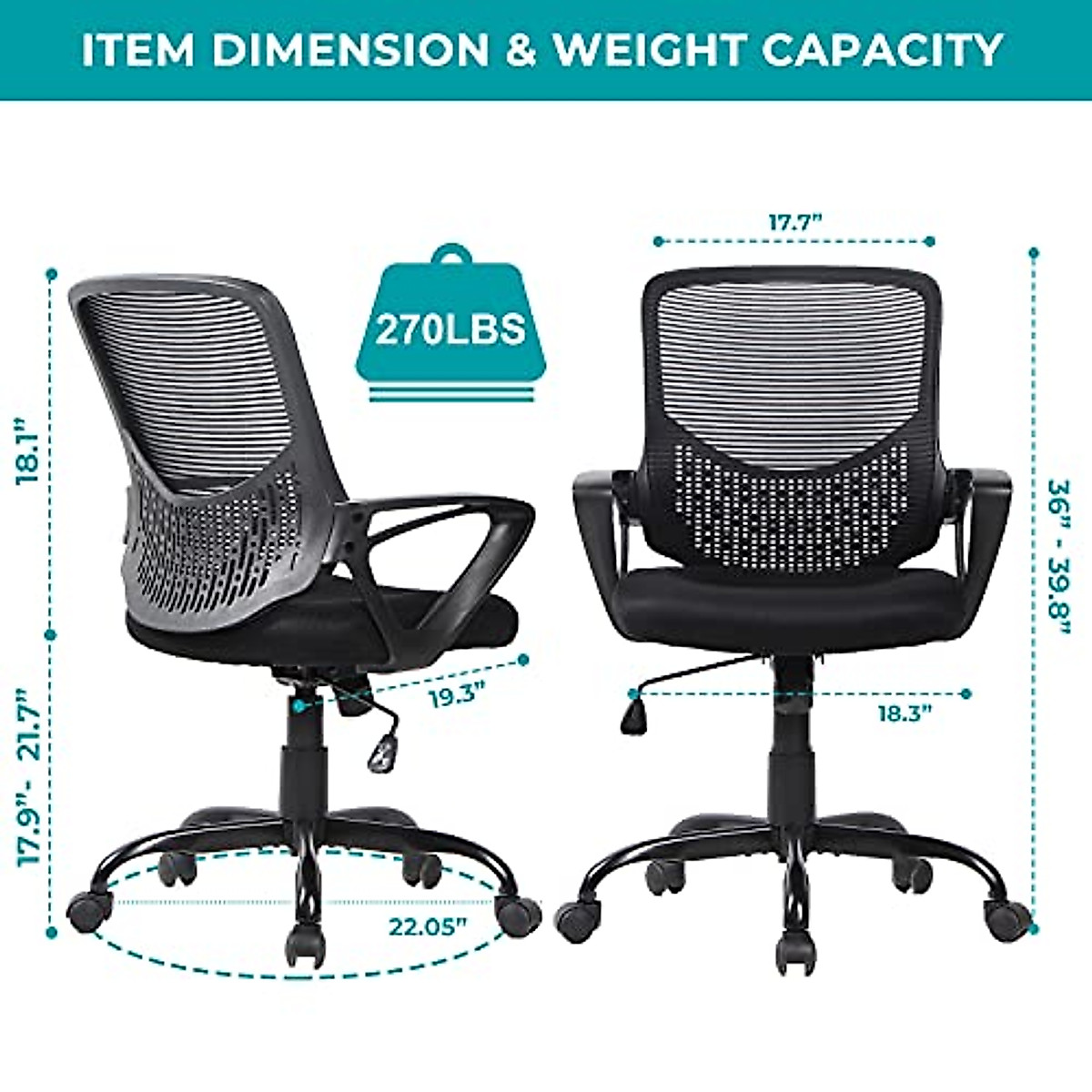Office Chair, Ergonomic Home Desk Chair Mid Back Mesh Chair Rolling Swivel Computer Chair with Lumbar Support