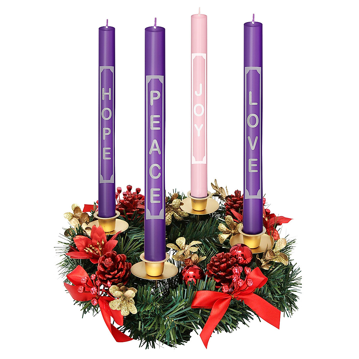 Advent Candles with Words Love, Peace, Hope, Joy On The Candles - Christmas Advent Candle Set of 4 for Advent Rings and Advent Wreaths- Premium Hand Made - Self Fitting End - for Church Advent Wreath