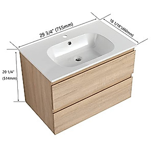 Henf 30" inch Wall Mounted Bathroom Vanity with Sink, Modern Floating Bathroom Vanity with White Integrated Gel Sink & Two Drawers, Plywood Hanging Bath Cabinet w/Resin Wash Basin (Light Oak)