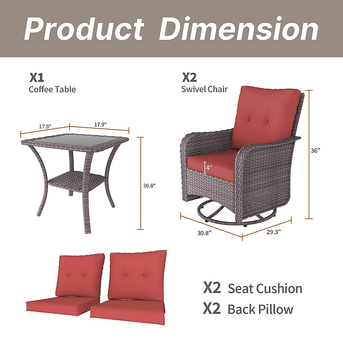 Gotland 3 Pieces Patio Swivel Rocker Wicker Chairs-Outdoor Swivel Rocking Chairs with 1 Rattan Coffee Table&2 Red Thickened Cushions Outdoor Furniture Conversation Sets for Patio Porch Garden