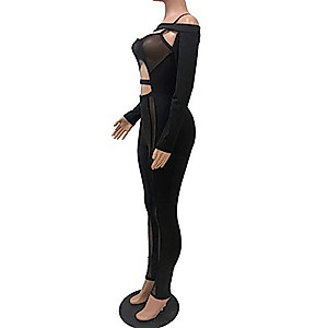 Uni Clau Women's Sexy See Through Jumpsuit Sheer Mesh Hollow Out Criss Cross Bodycon Jumpsuits One Piece Club Rompers Black XL