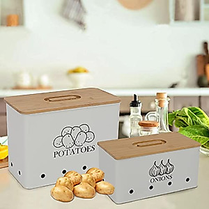 Xbopetda Potato Onion Storage Box, Food Container Sets, Storage Canisters for Vegeatables, Set of 2 Jars Pots Containers, Potato & Onion Bin with Aerating Tin Storage Holes & Bamboo Lid-White