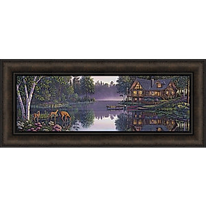 Sweet Serenity by Kim Norlien 12x28 Log Cabin Home Deer Fawns Doe Lake Framed Art Print Picture