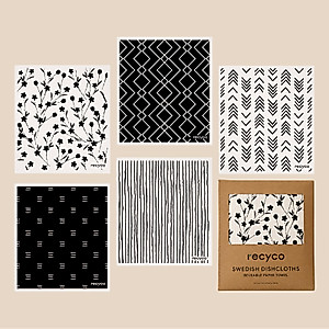 RECYCO Swedish Dishcloths for Kitchen | 5 Packs Geometric Washable Dish Rags | Cellulose Reusable Cleaning Paper Towels | Absorbent Counter Dish Cloth Sponge Kitchen Wipes, 8" L x 7" W