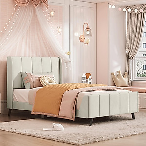 Twin Size Bed Frame,Velvet Upholstery with Headboard and Support Board,No Springs,Non-Slip and Noiseless, Easy Assembly,Beige