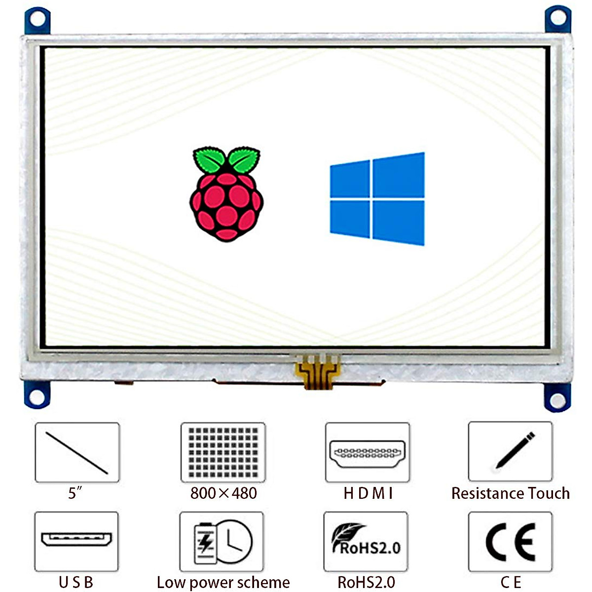 waveshare 5inch HDMI LCD (B) 5" 800×480 Resistive Touch Screen LCD TFT Monitor for Raspberry Pi 4B/3B+/3B/2B/A+/Zero/Zero W/WH, PC Windows 10/8.1/8/7, Driver Free