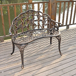 Patio Park Garden Outdoor Metal Rose Bench,Cast Iron Cast Aluminium Frame Antique Finish Chair,Accented Lawn Front Porch Path Yard Decor Deck Furniture for 2 Person Seat,Bronze