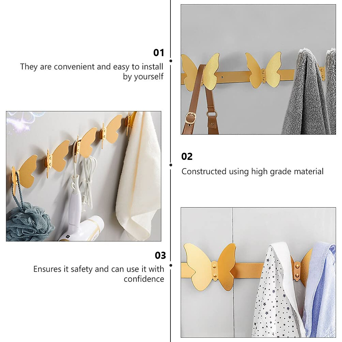 Bathroom Towel Hooks Gold Butterfly Coat Hooks Coat Rack Wall Mount with 3 Hooks Butterfly Design Aluminum Alloy Key Holder Bags Robe Hat Hangers for Home Decor Towel Hook