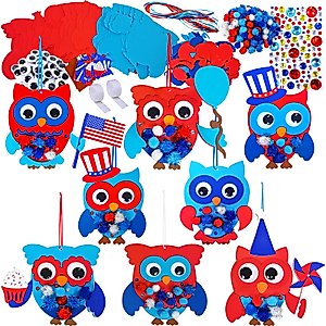 Winlyn 24 Sets 4th of July Patriotic Owl Ornaments Decorations DIY Patriotic Craft Kits Owl Red White Blue USA Flag Pinwheel Stickers Googly Eyes for Kids Favors Classroom Home Activity Art Project