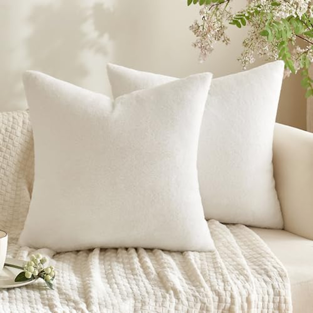 MIULEE Pack of 2 Decorative Throw Pillow Covers Luxury Soft Faux Rabbit Fur Warm Square Cute Cushion Cases for Spring Sofa Bedroom Living Room 18 x 18 Inch White