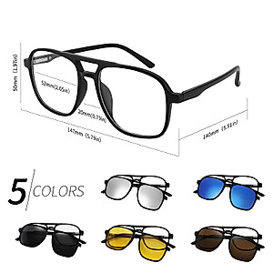 FEISEDY Magnetic Clip on Sunglasses TR90 Square Aviator Frame TAC 5pcs Replacement Lens Set Sunglasses for Men Women Day & Night Driving B2884