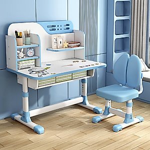 Kids Study Desk Chair Set Learning Table Height Adjustable with Writing Board, Drawers and Storage Compartments Curved Desktop Cartoon Learning Desks and Chairs for Boys and Girls （Blue/ Pink） (Blue)