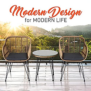 SereneLife 3 Piece Chat, Outdoor Living Rattan Furniture Set Includes 2 Single Chairs w/Cushions and 1 Glass-top Coffee Table (Brown)