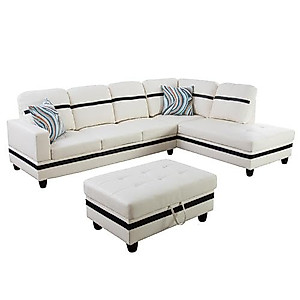 HOMVET L-Shaped Corner 5 Seaters Chaise & Storage Ottoman,Modern Faux Leather Sectional & Sofa Couch with 2 Pillows for Home Office Apartment Living Room Furniture Sets, PU Right, White and Black