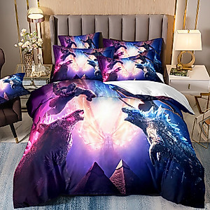 ChliEarime Heicatte 3D Dinosaur Monster Duvet Cover Set - 3D Printed, Lightweight Microfiber, 3 Piece Minecraft Bedding Set(Queen 90x90 in)