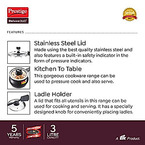 Prestige Deluxe Duo Plus Hard Anodised Handi Pressure Cooker With Stainless Steel Lid 3.0 Liters and Glass lid, medium (20144)