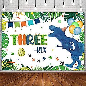 AIBIIN 7x5ft Dinosaur Three-rex Birthday Backdrop for Boy Happy 3rd Birthday Dinosaur Egg Balloon Confetti Photography Background 3 Years Old Party Decorations Supplies Banner Photo Shoot Studio Props