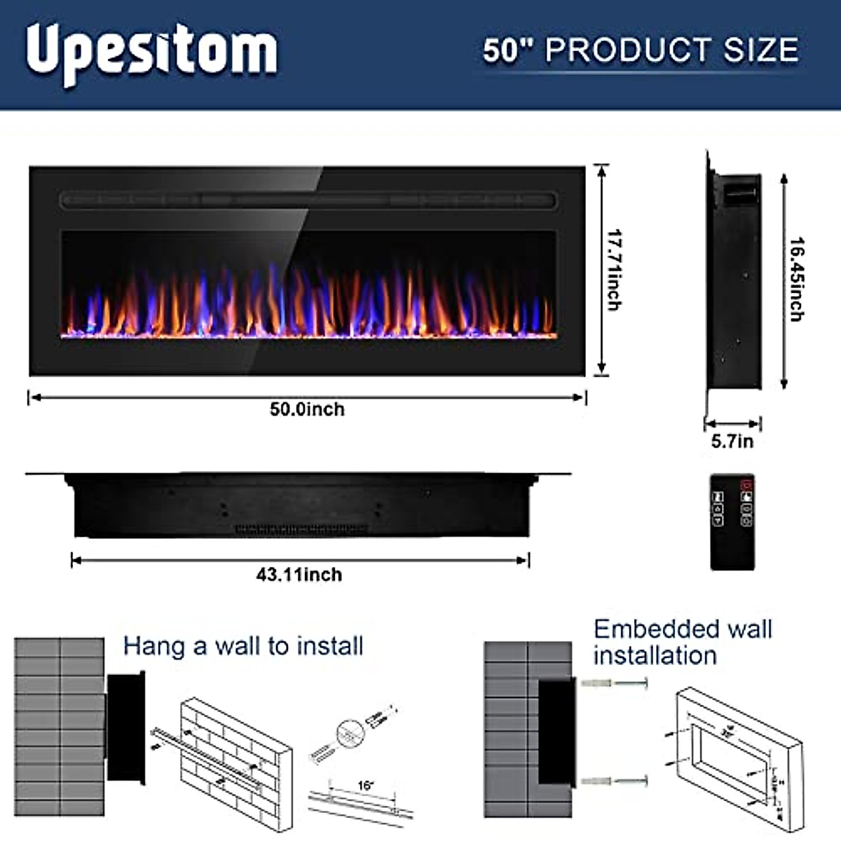 Upesitom 50" Electric Fireplace Insert Recessed & Wall Mounted, 750/1500W Linear Electric Fireplace Insert with 12 Adjustable Flame Colors, Bracket, Timer, Remote Control