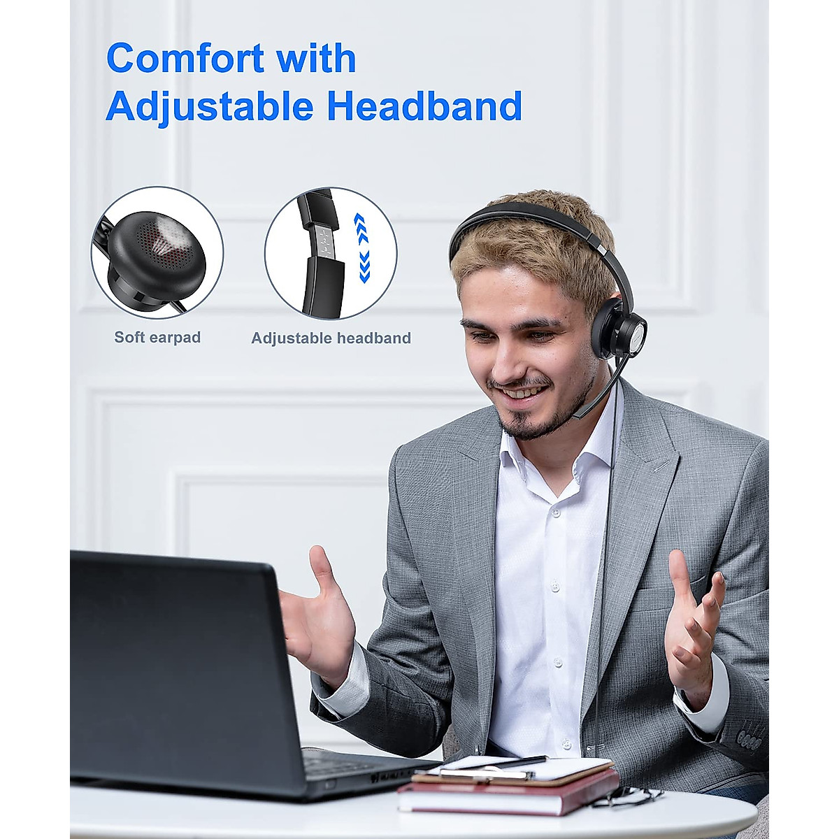 New bee USB Headset with Microphone for PC Computer Headset, Single Ear Headset Noise Cancelling Mic, Call Center Wired Headset with 3.5mm/USB/Type C for Skype Zoom Tablet Laptop (Black)