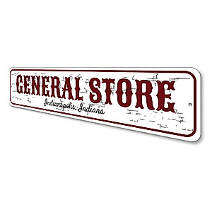 General Store City State Sign, Kitchen Sign, Custom Shop Location Sign, Country Aluminum Decor - 4" x 18"