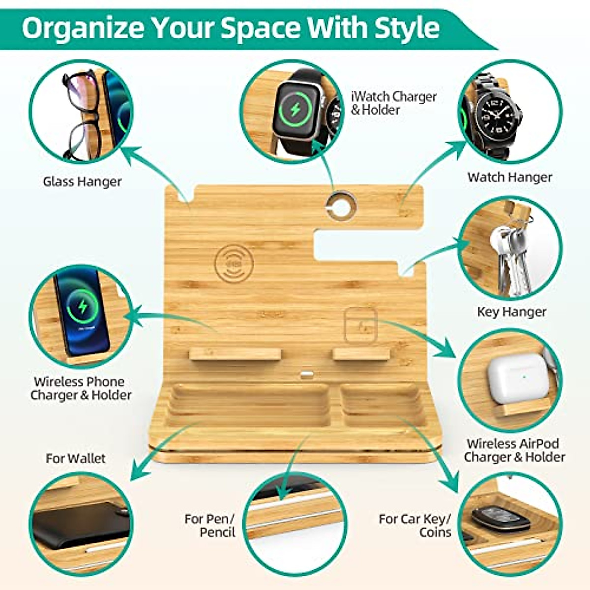 Bamboo Phone Docking Station, OTESS 6 in 1 Wireless Charging Station Compatible with iPhone/AirPods, Nightstand Organizer With Key Holder, Wallet Stand & Watch Organizer, Best Gift For Men/Dad/Husband