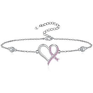 Breast Cancer Awareness Bracelet Necklace Earrings Pink Ribbon 925 Sterling Silver Jewelry Cancer Survivor Gifts for Women (Bracelet)