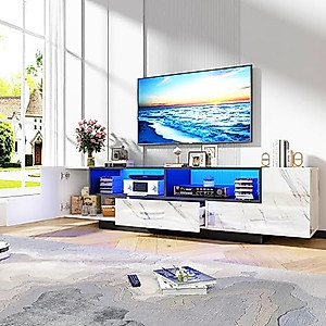 Uspeedy 70in White TV Stand for 75/80 inch TV,Modern LED TV Stand,High Gloss Entertainment Center with Large Storage Drawer,APP RGB Light,TV Console,Television Stands for Living Room(Marbling)