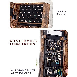 YOKUKINA Mirror Jewelry Cabinet with Lights, Full Length Mirror with Storage Organizer, Lockable Jewelry Armoire Makeup Mirror, Freestanding/Wall Mount/Over the Door, Rustic Brown