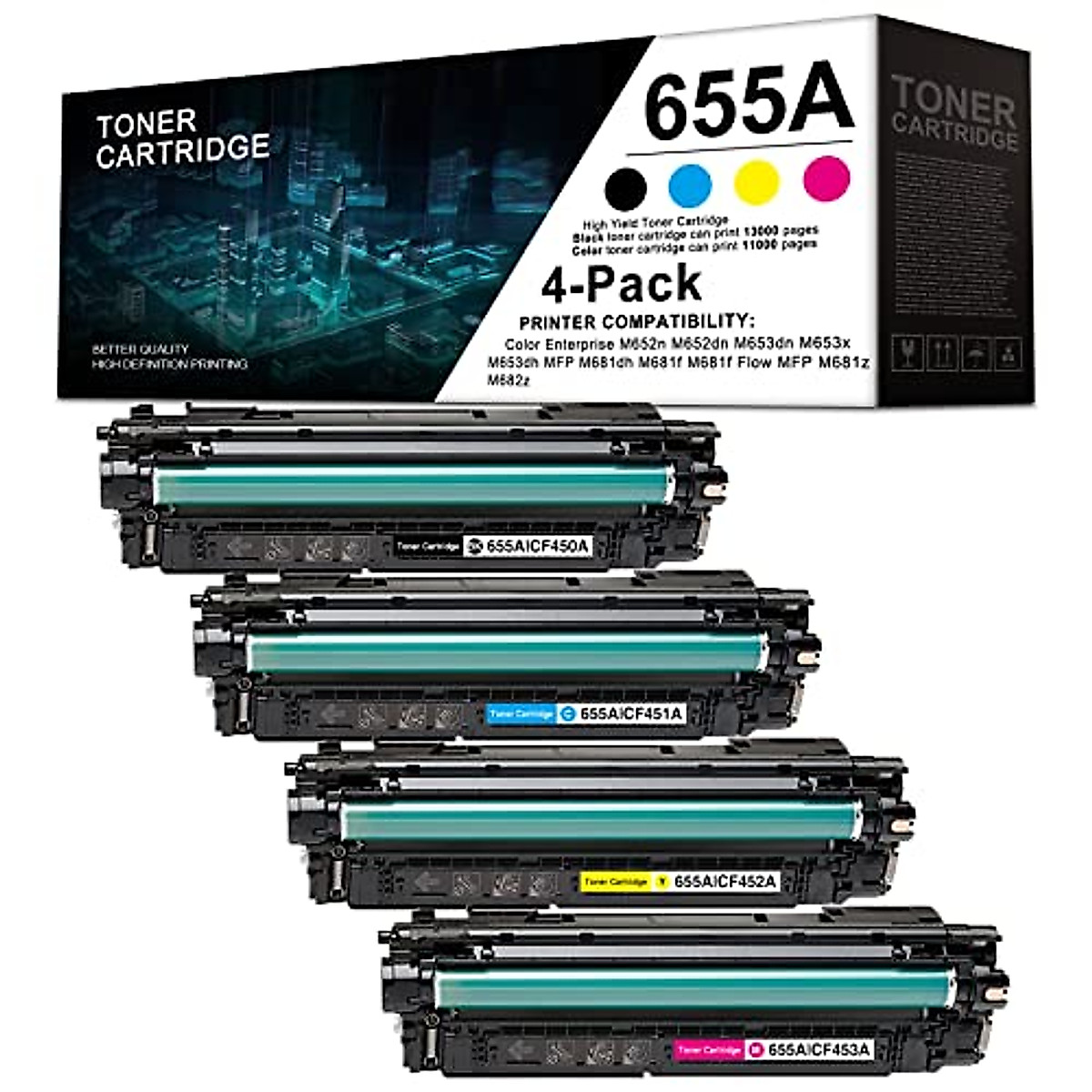 LADE 4 Pack (1BK+1C+1Y+1M) 655A | CF450A CF451A CF452A CF453A Toner Cartridge Replacement for HP Color Enterprise M652n M652dn M653dn M653x M653dh MFP M681dh M681f Flow MFP M681f M681z M682z