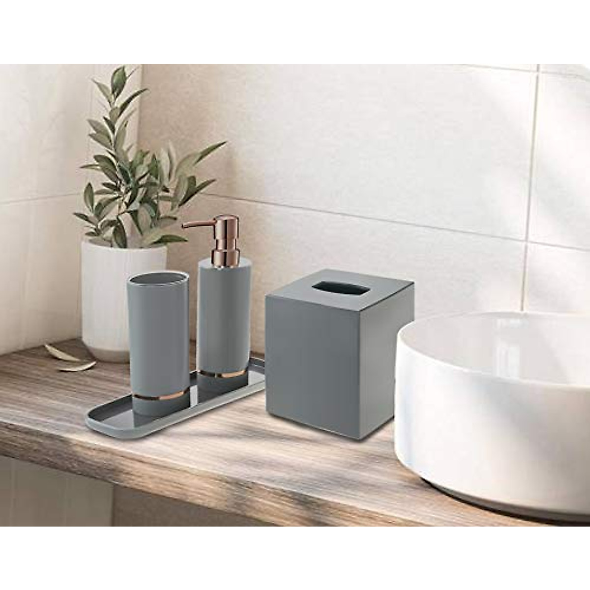 Bathroom Accessories - Set of 4 Includes Decorative Soap Lotion Dispenser, Tumbler, Tissue Box, Tray for Modern Farmhouse Bath Decor Kitchen Countertop Organizer Housewarming Gift - Grey