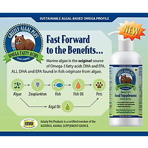 Grizzly Algal Plus Omega Fatty Acids Supplement for Dogs & Cats, 8 Fl Oz - Vegan, Plant-Sourced & Made in USA Algal Oil Omega 3-6-9, Healthy Skin & Coat