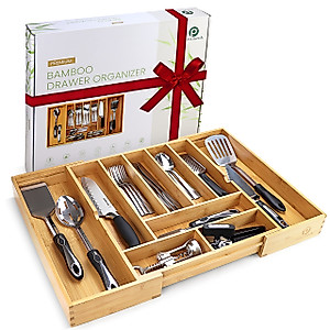 Pristine Bamboo Silverware Organizer - Expandable Kitchen Drawer Organizer - Adjustable Kitchen Drawer Organizer for Utensils, Expandable to 25 Inches Wide, 10 Compartments, Silverware Tray for Drawer