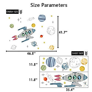 ROFARSO Cartoon Cute Dinosaurs on Rocket Wall Stickers Planets Outer Space Stars DIY Vinyl Removable Large Wall Decals Art Decorations Decor for Kids Boys Bedroom Living Room Playing Room Murals