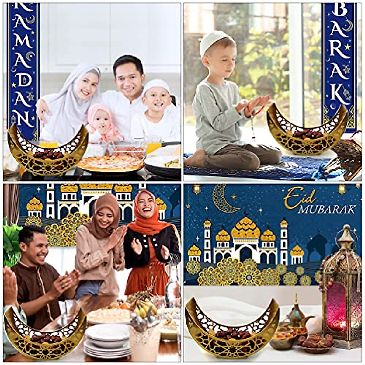 PRETYZOOM Crescent Moon Tray Ramadan Eid Mubarak Trays Platters Moon Dinner Plate Tableware Dessert Food Serving Tray Ramadan Muslim Islamic Party Supply Golden