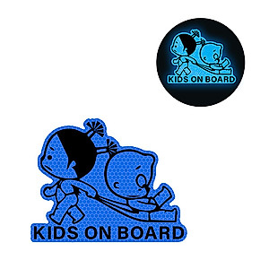 Dreothy 2pcs Kids on Board Car Stickers,High Intensity Night Safety Warning Baby on Board Sign Vinyl Stickers for Cars Motorcycle Trucks Bumper Sticker Window Decal (Blue)